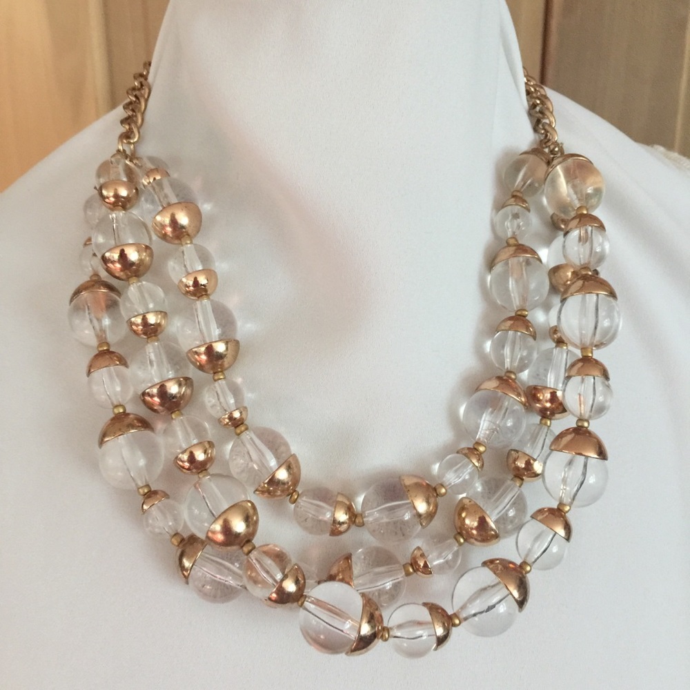 Vintage Mika Gold & Clear Glass Beaded Necklace - Gem